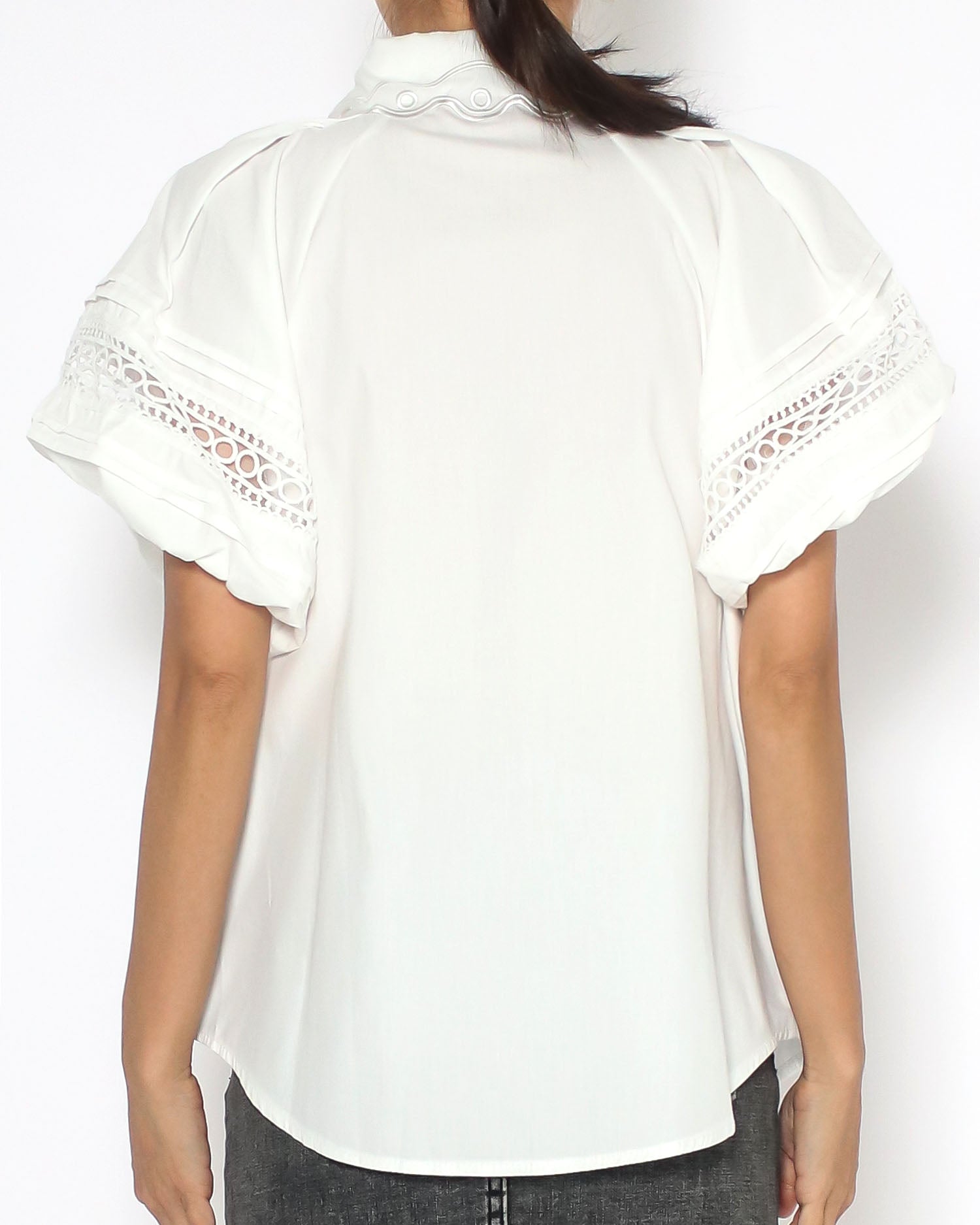ivory mesh scallop collar & crochet puff sleeves shirt – STYLEGAL